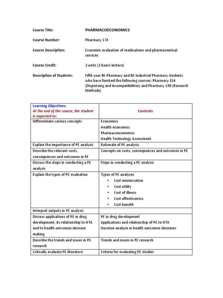Phar - 174 - Course Syllabus 2019-2020 | PDF | Pharmacy | Cost ...