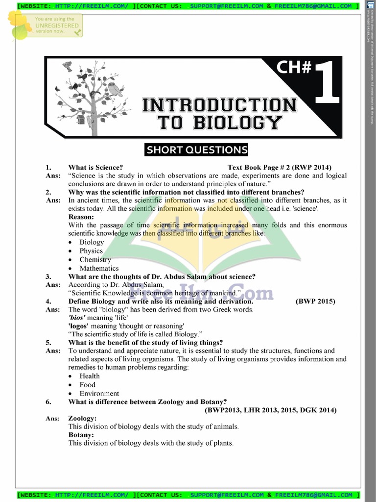 Class 9 Biology CH # 1 Short Questions and Answers | PDF