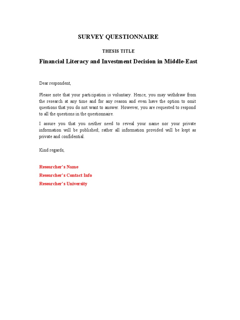 Thesis Questionnaire On Financial Literacy | PDF | Risk Aversion | Investor