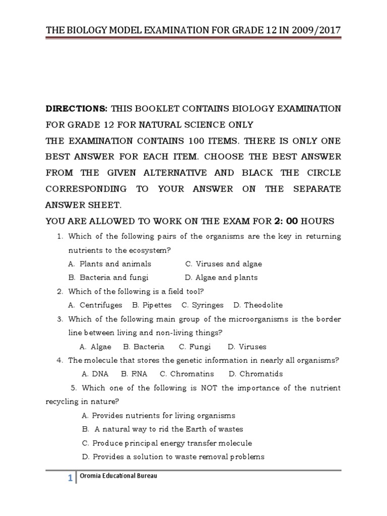 The Biology Model Examination For Grade 12 in 2009/2017 | PDF | Meiosis ...