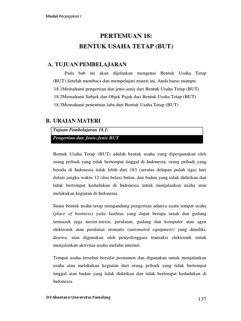 Pertemuan 18 - Bentuk Usaha Tetap (But) PDF | PDF