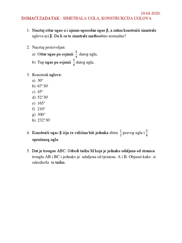 Domaći Zadatak-Simetrala Ugla, Konstrukcija Uglova | PDF