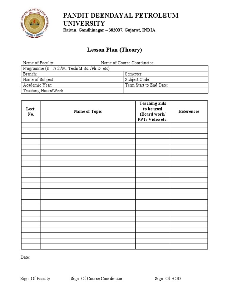 Pandit Deendayal Petroleum University Lesson Plan Template | PDF