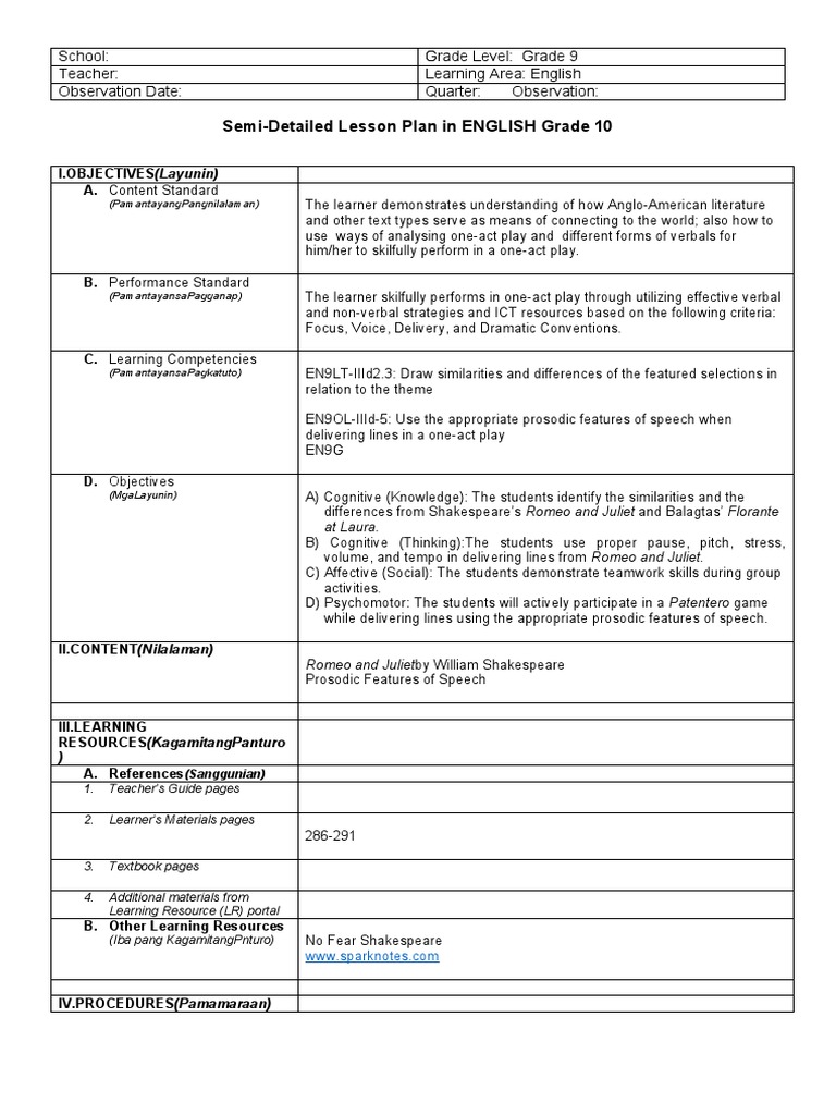 Semi-Detailed Lesson Plan in ENGLISH Grade 10 | PDF | Romeo And Juliet ...