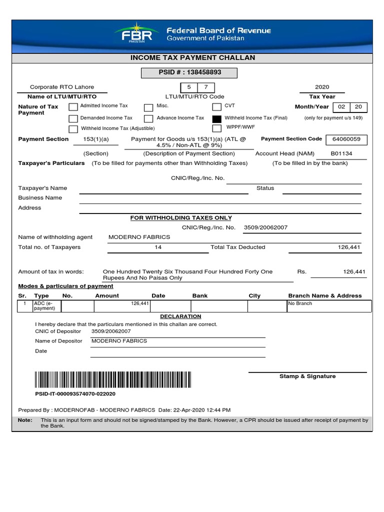 Income Tax Payment Challan: PSID #: 138458893 | PDF | Income Tax | Withholding Tax