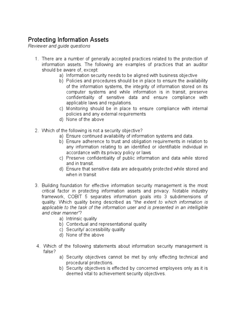 Protecting Information Assets Reviewer And Guide Questions Pdf Information Security Privacy 