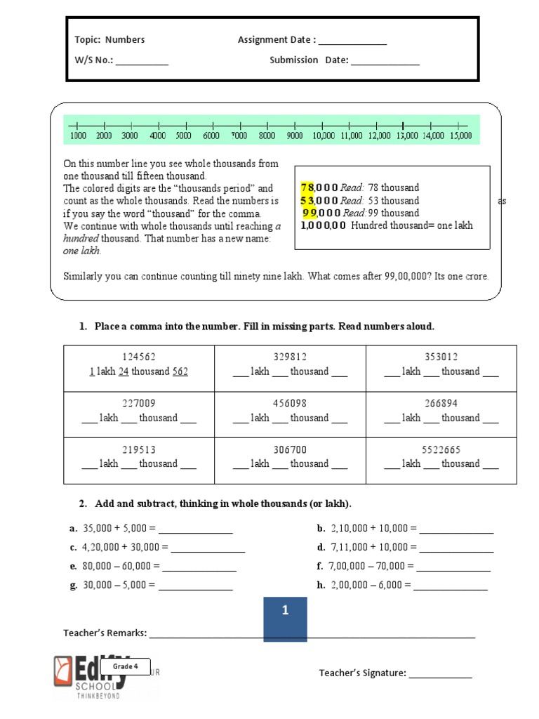 Hundred Thousand. That Number Has A New Name: One Lakh.: Grade 4 ...