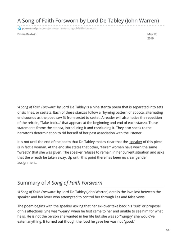 A Song of Faith Forsworn by Lord de Tabley John Warren PDF | PDF | Poetry