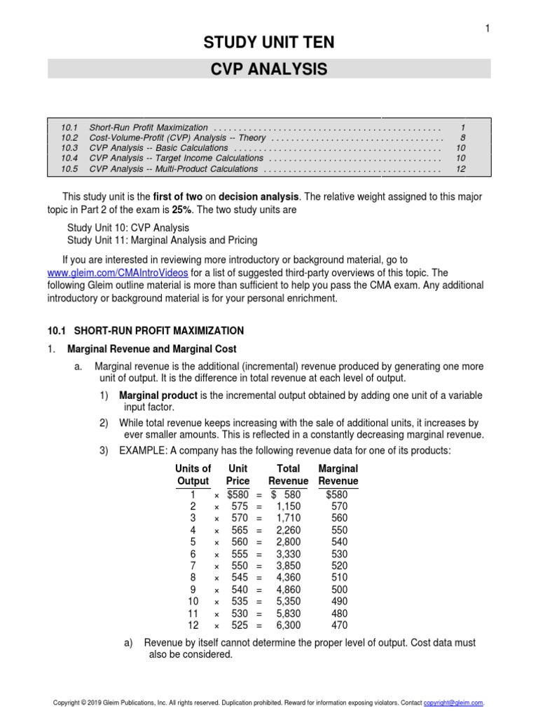 Study Unit Ten CVP Analysis: 10.1 Short-Run Profit Maximization Marginal Revenue and Marginal ...
