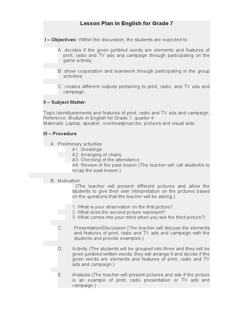 Lesson Plan in English For Grade 7: I - Objectives: Within The ...