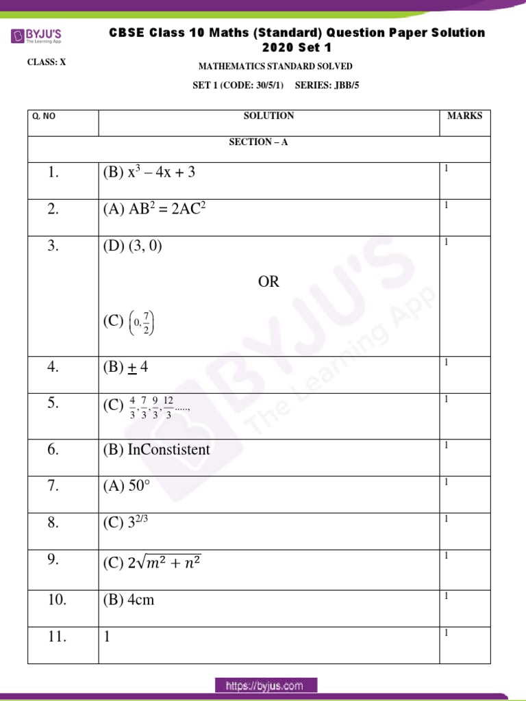 Cbse Class 10 Maths Standard Question Paper Solution 2020 Set 1 PDF ...