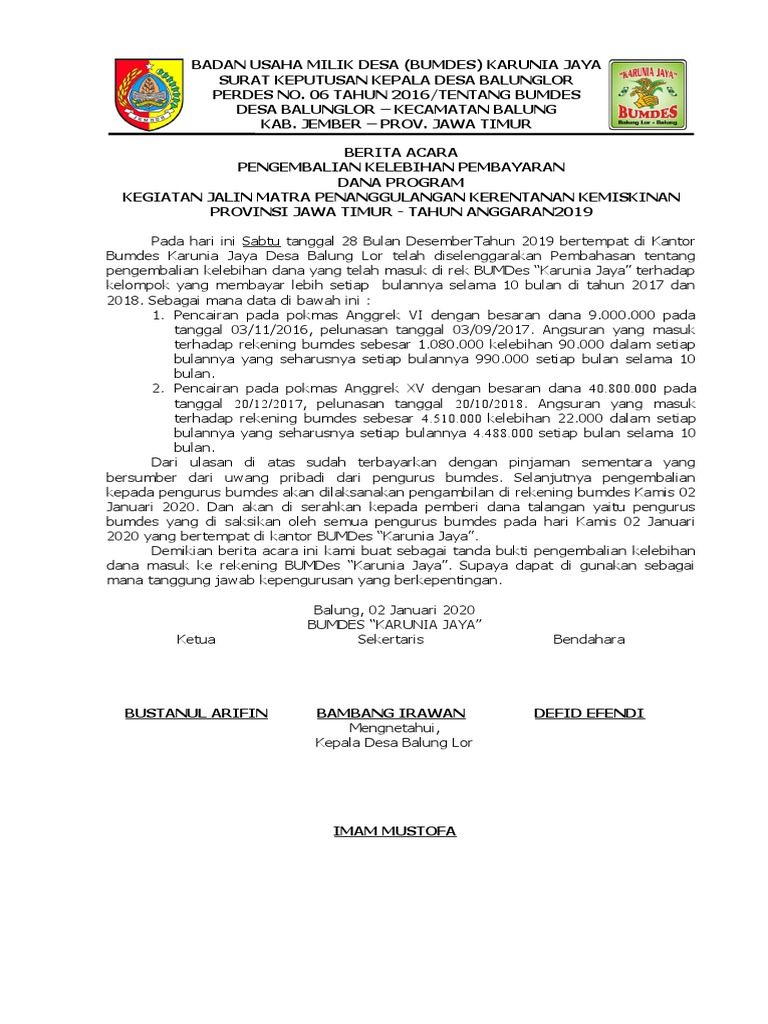 Berita Acara Pengembalian Kelebihana Dana | PDF