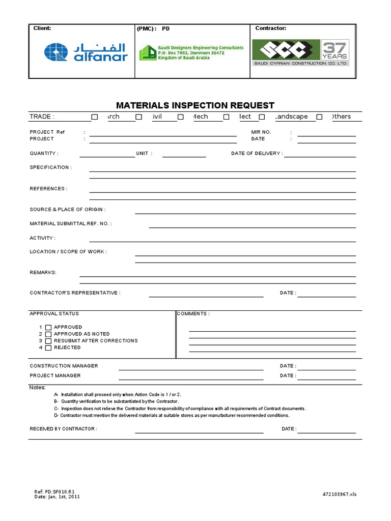 Materials Inspection Request Template | PDF