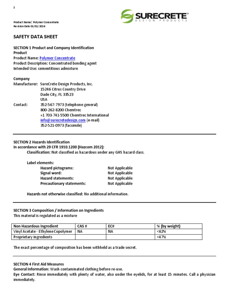 Safety Data Sheet: Polymer Concentrate | PDF | Safety | Occupational ...