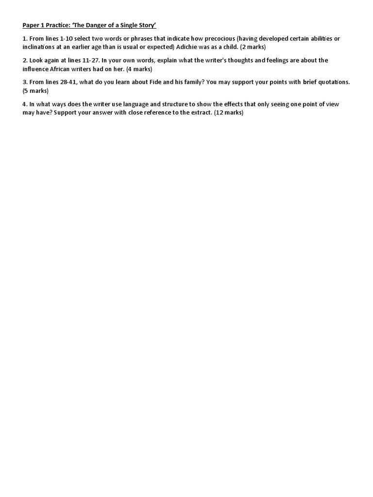 Paper 1 Practice Questions Danger of A Single Story | PDF