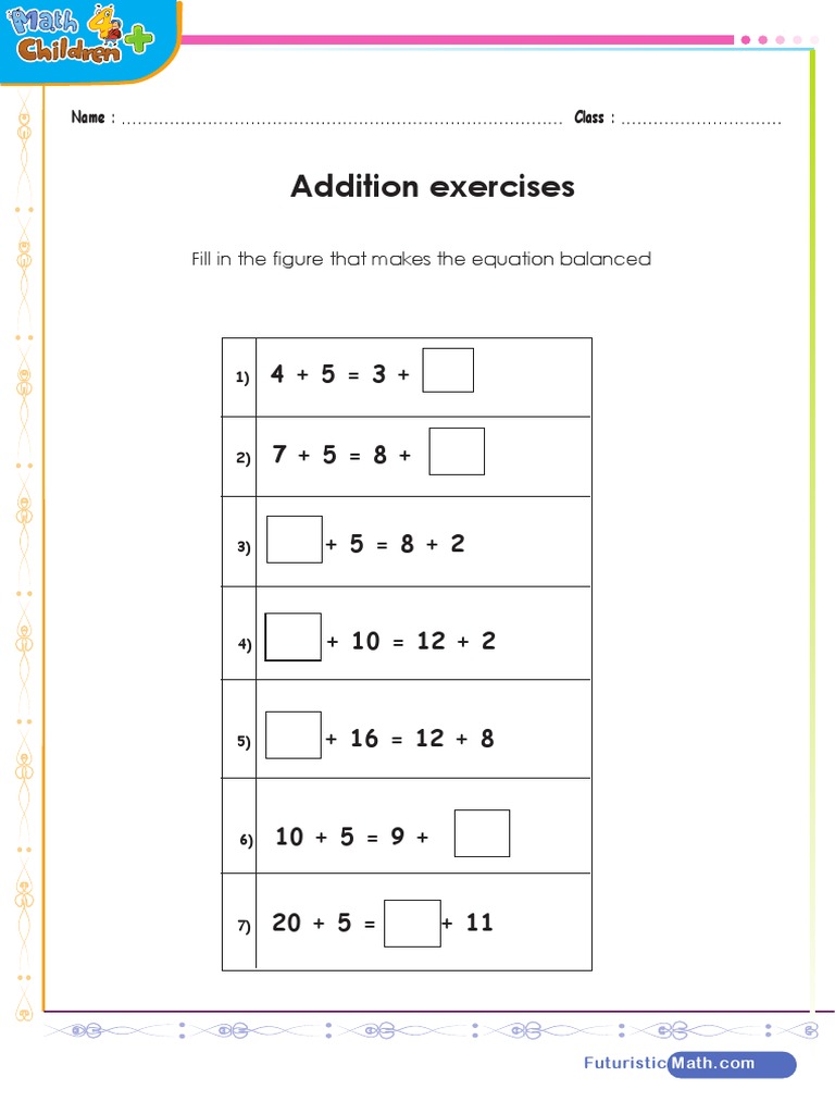 Addition Balance Equations Worksheet | PDF