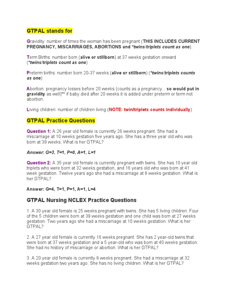 GTPAL Stands For: PREGNANCY, MISCARRIAGES, ABORTIONS and Twins/triplets ...