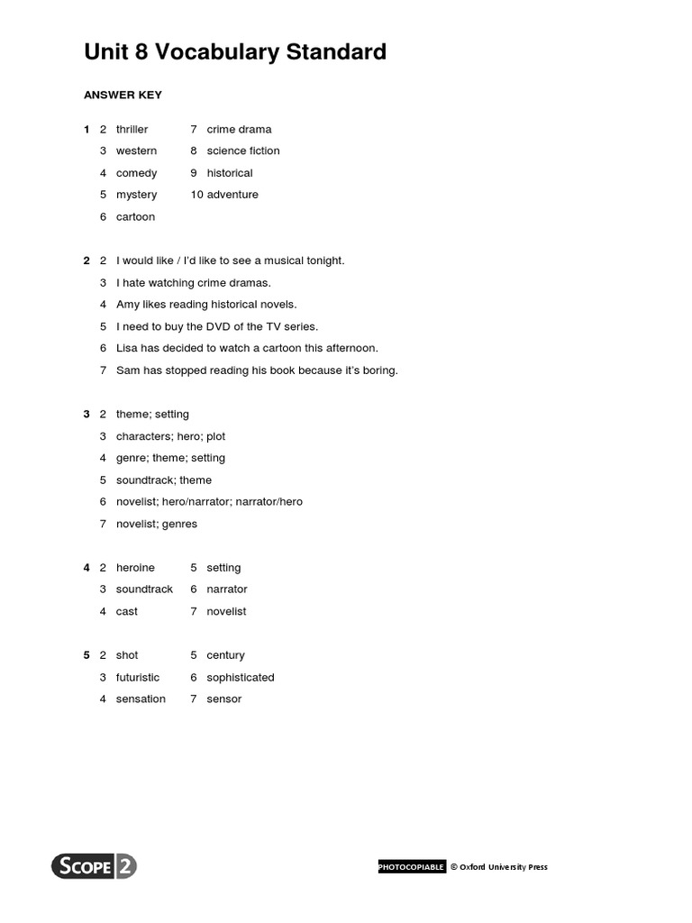 Unit 8 Vocabulary Standard: Answer Key | PDF