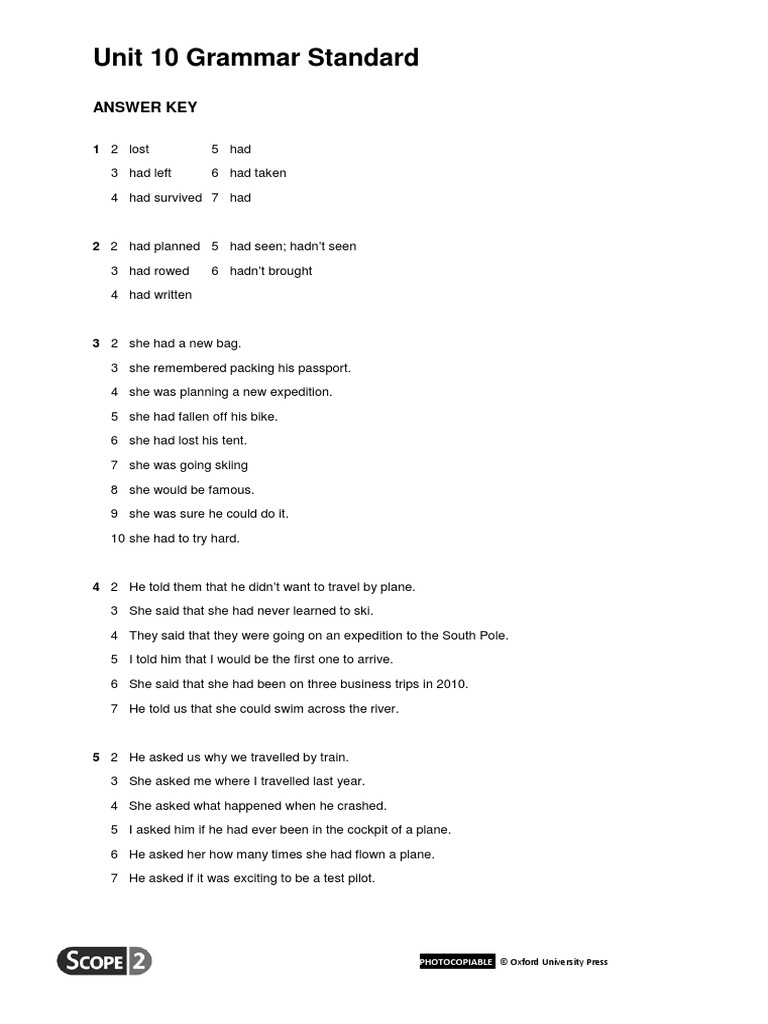 Unit 10 Grammar Standard: Answer Key | PDF