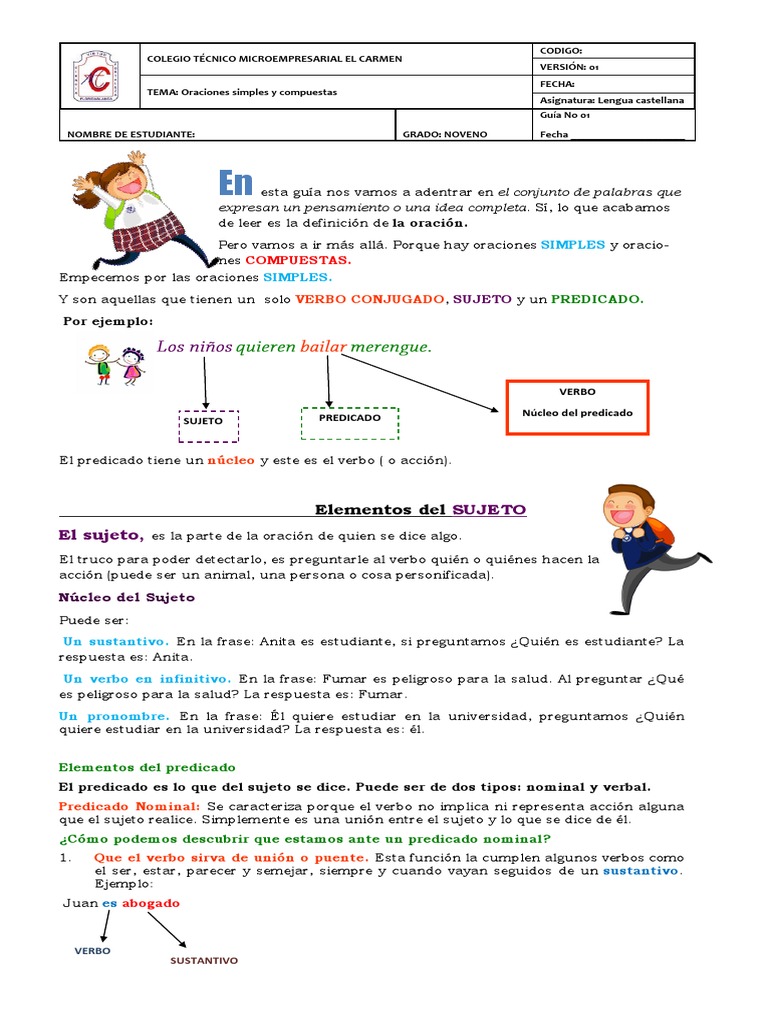 Guía de oraciones simples y compuestas | PDF | Predicado (Gramática ...