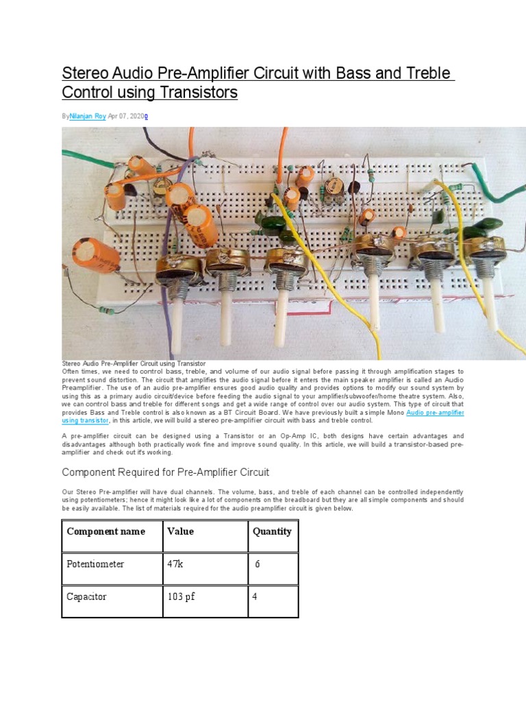 Stereo Audio Pre-Amplifier Circuit With Bass and Treble Control Using Transistors | PDF ...