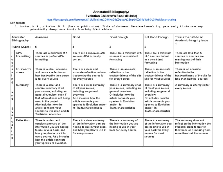 Annotated Bibliography Rubric For Evolution Childrens Book | Download ...