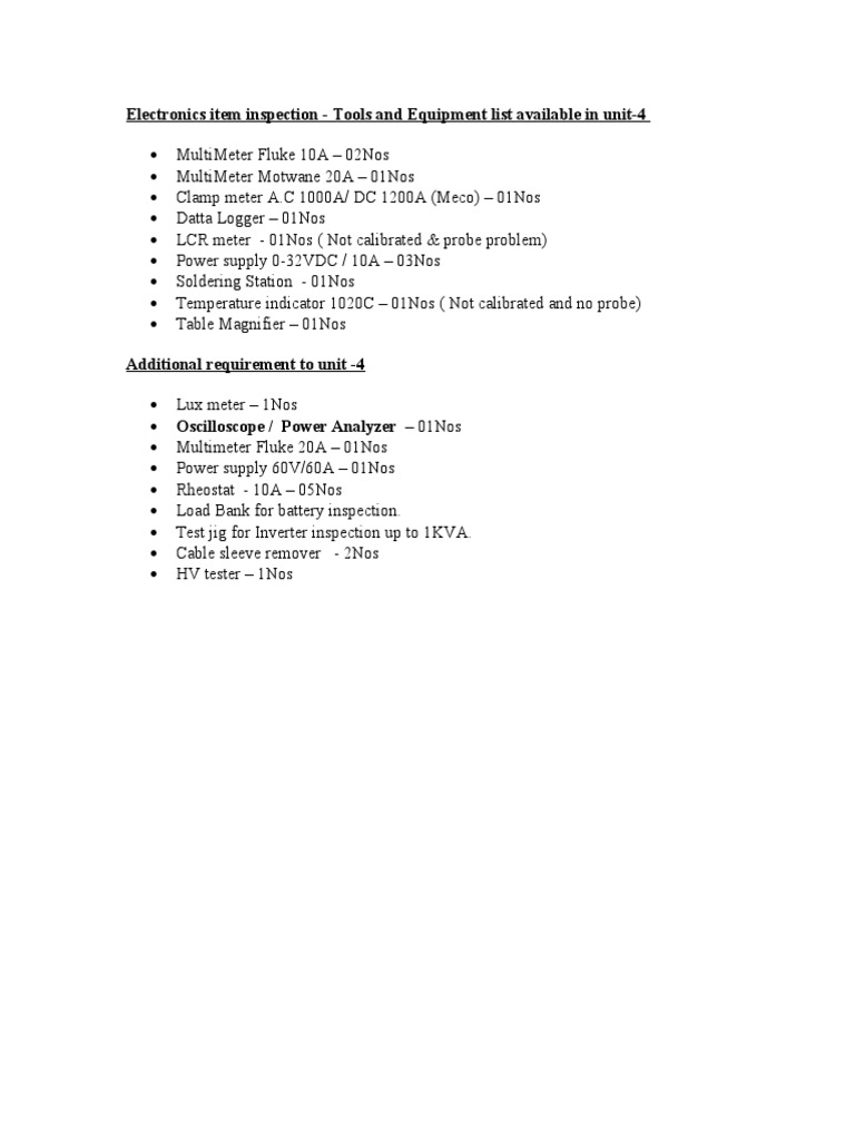 Electronics Item Inspection - Tools and Equipment List Available in ...