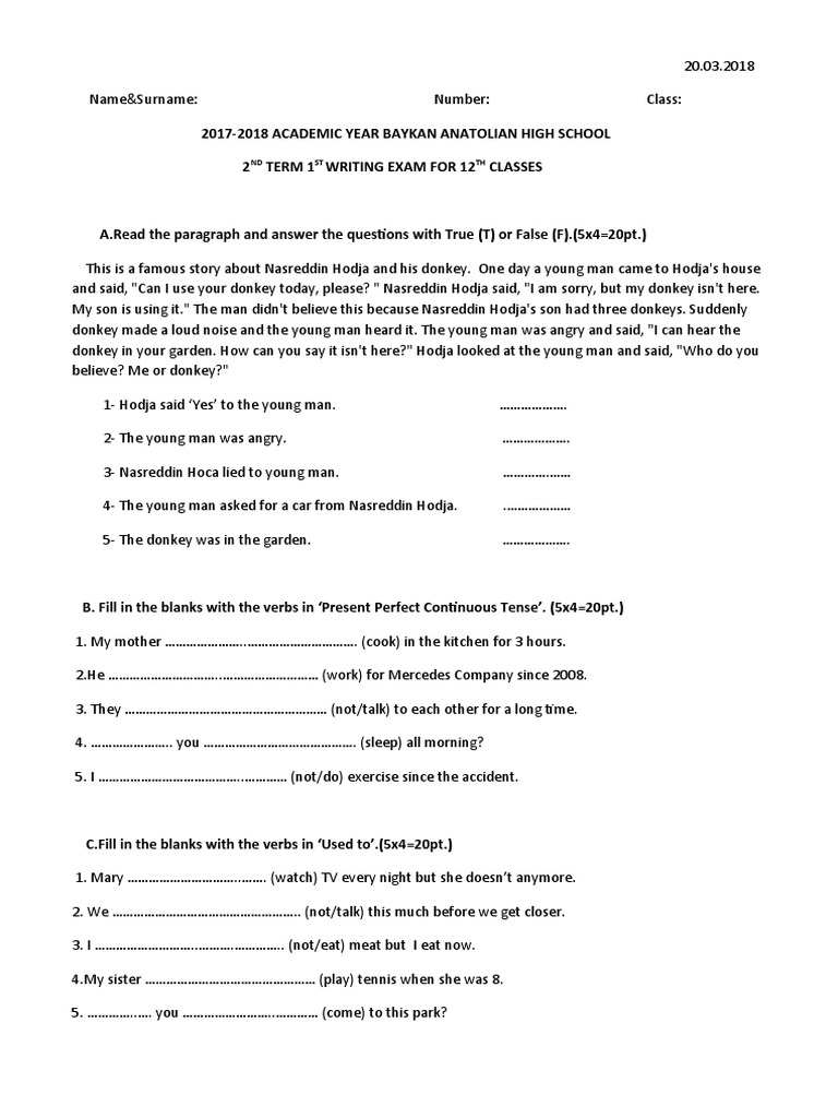 2 Term 1 Writing Exam For 12 Classes: ND ST TH | PDF | Syntax | Linguistics