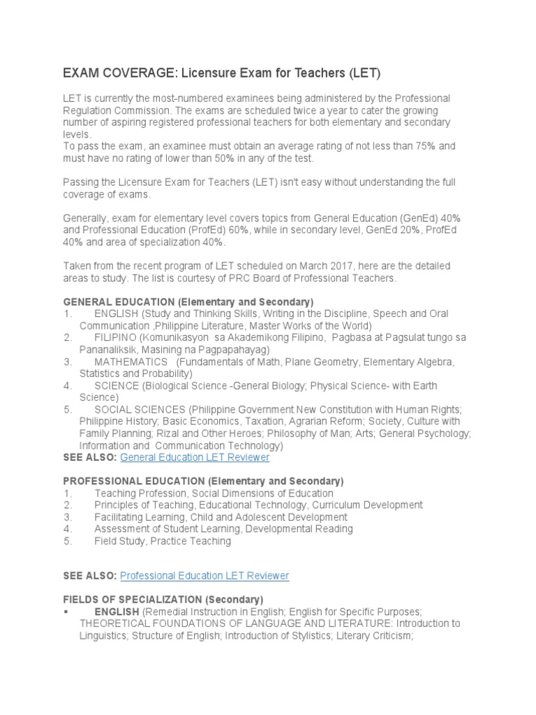 EXAM COVERAGE: Licensure Exam For Teachers (LET) : GENERAL EDUCATION ...