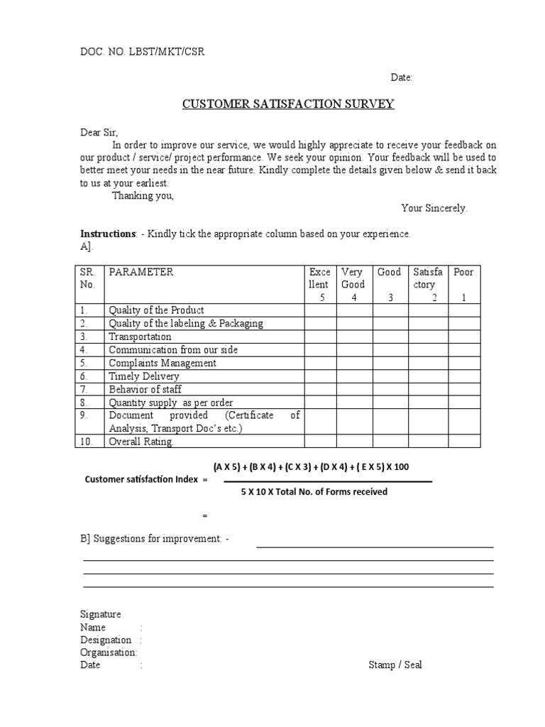 Customer Satisfaction Survey: Instructions: - Kindly Tick The ...