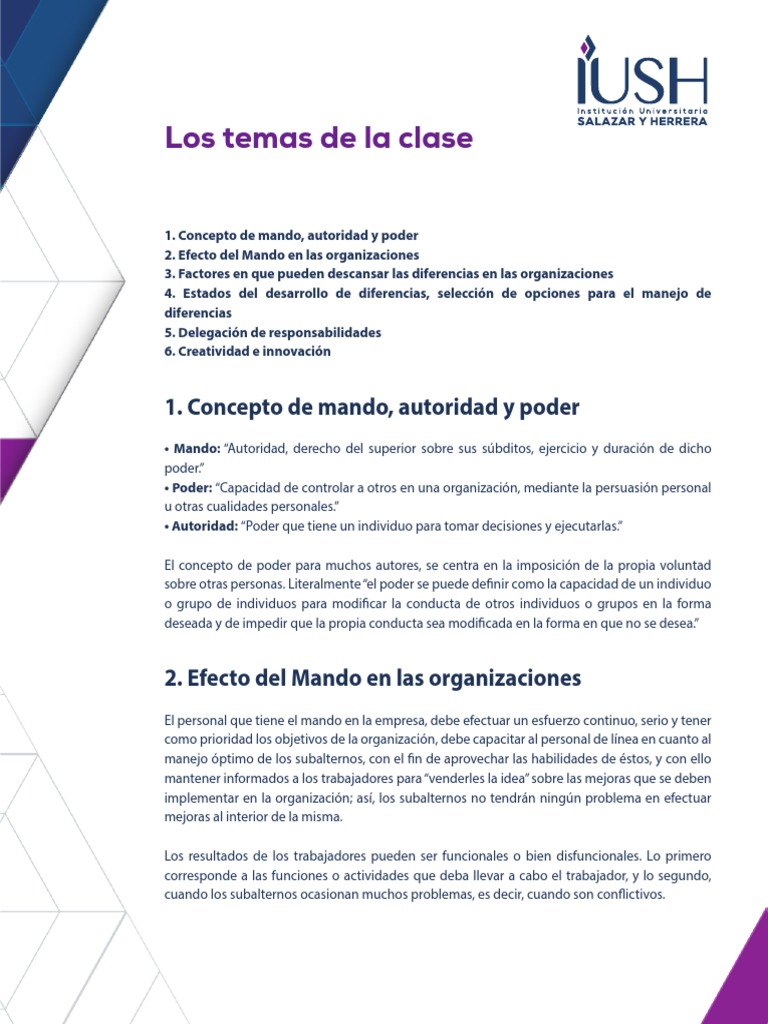 Temas de la clase sobre conceptos de mando, autoridad, poder y factores ...