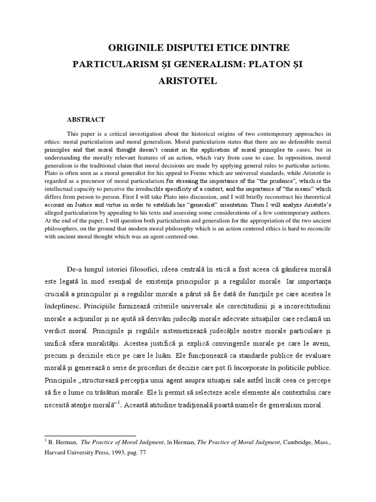 Originile Disputei Etice Dintre Particularism Şi Generalism: Platon Şi ...