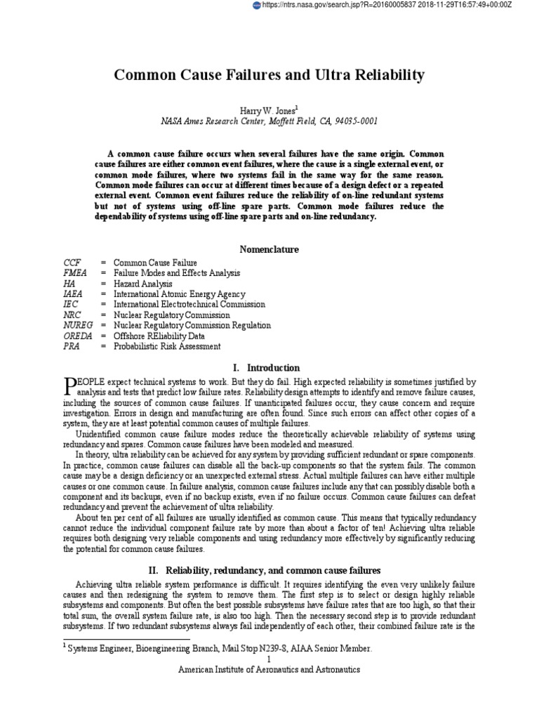 Common Cause Failures and Ultra Reliability: NASA Ames Research Center ...