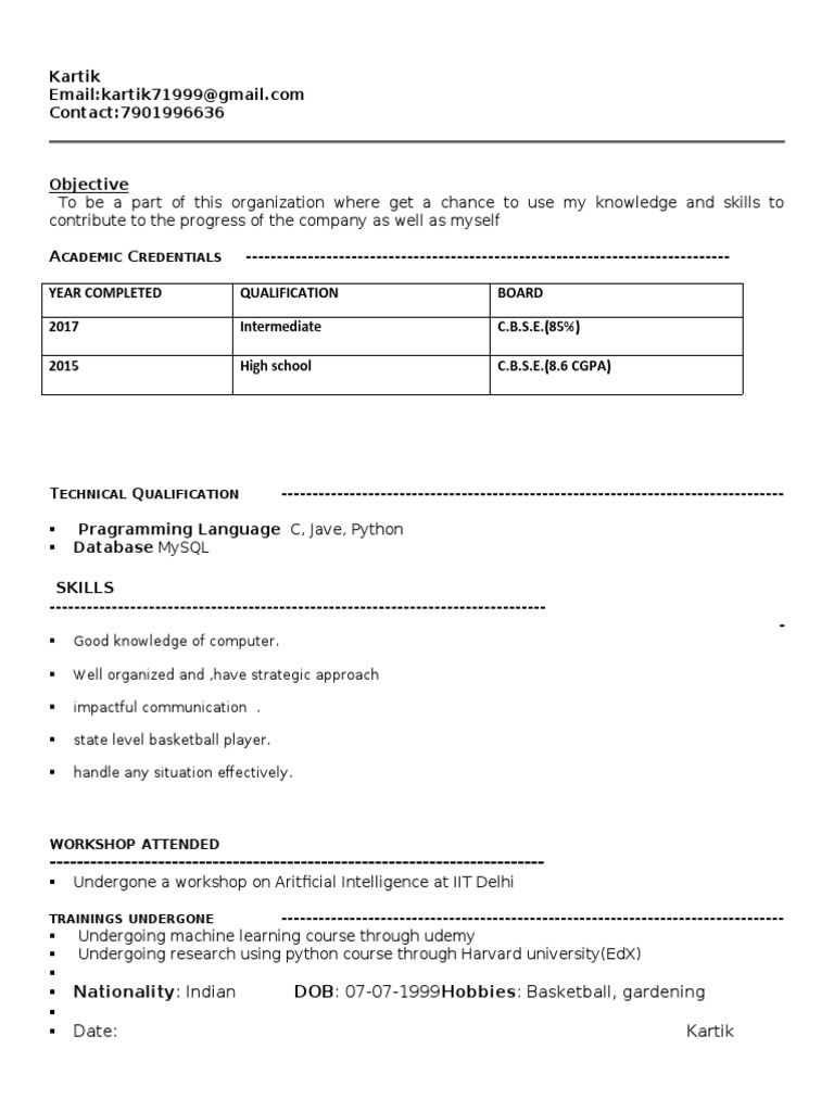 Resume Sample MGT Students | PDF