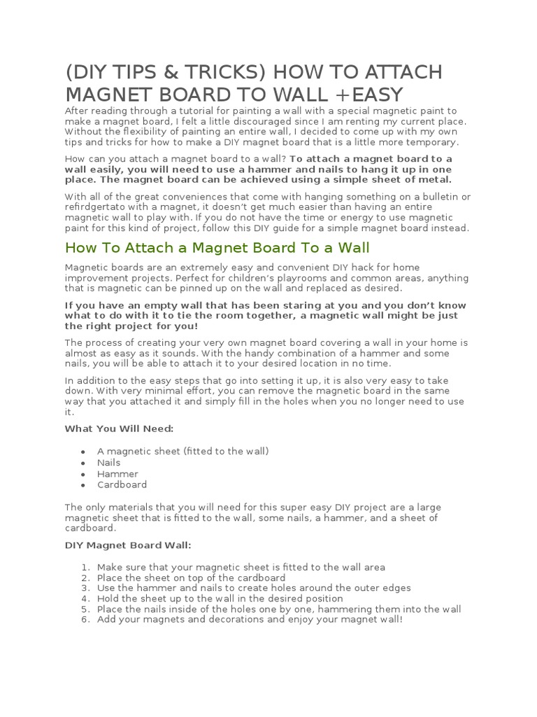 How To Attach Magnet Board To Wall +easy | PDF | Wall | Hammer