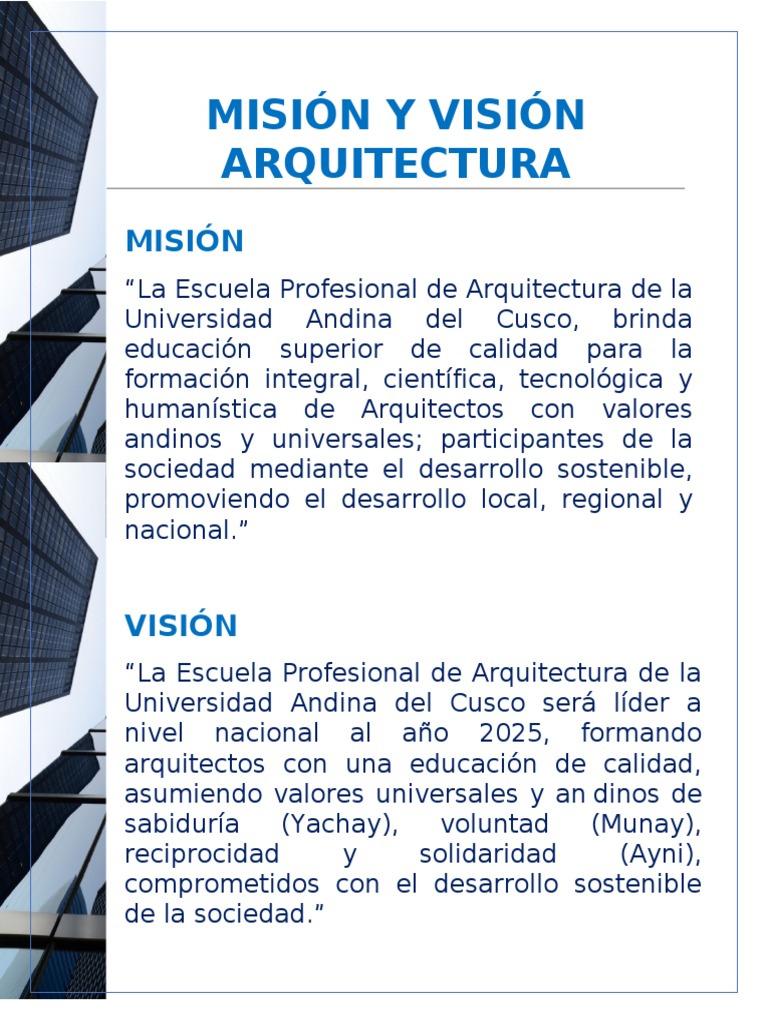 Misión y Visión Arquitectura | PDF | Diseño | Arquitecto