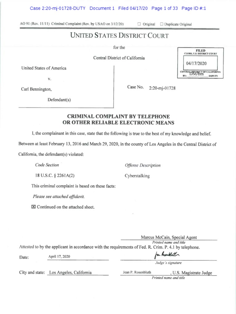 Federal Complaint in US v. Carl Bennington | PDF | Written ...