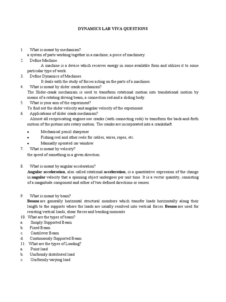 DYNAMICS LAB VIVA QUESTIONS Full | PDF | Rotation Around A Fixed Axis | Gyroscope