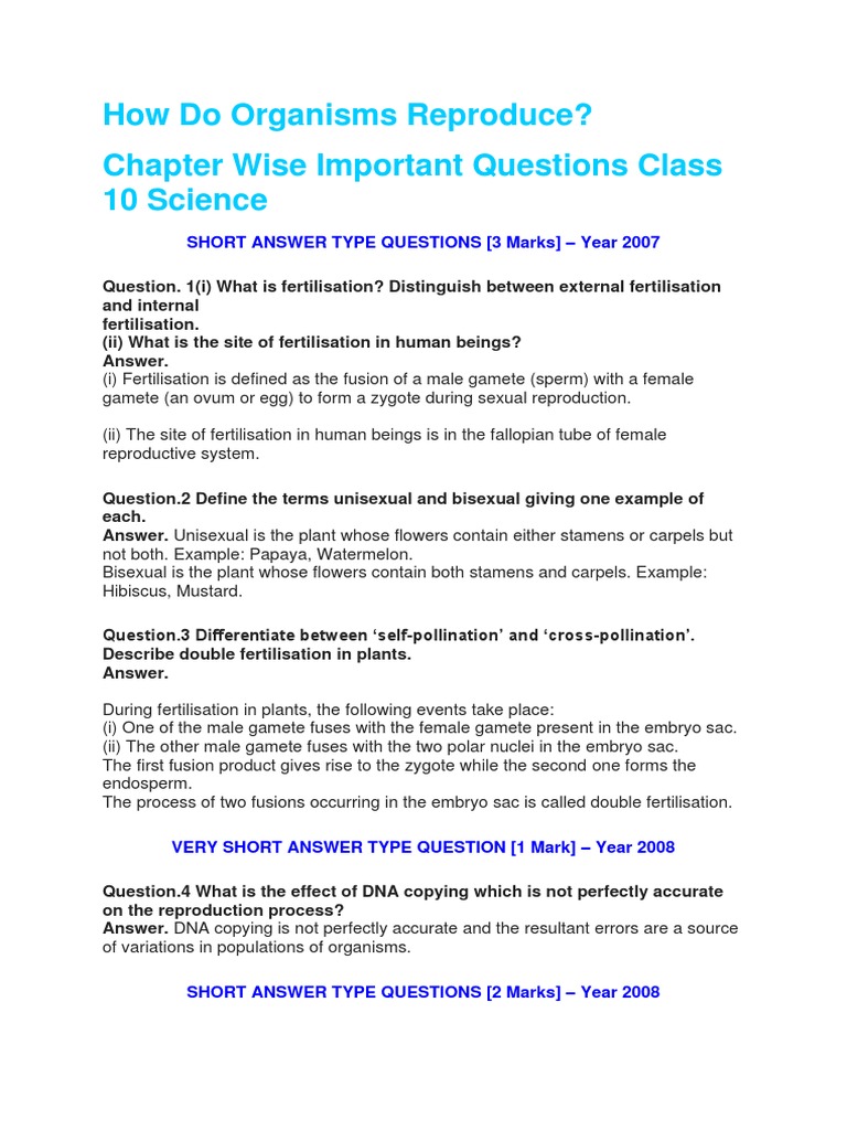 How Do Organisms Reproduce Important Questions PDF | PDF ...