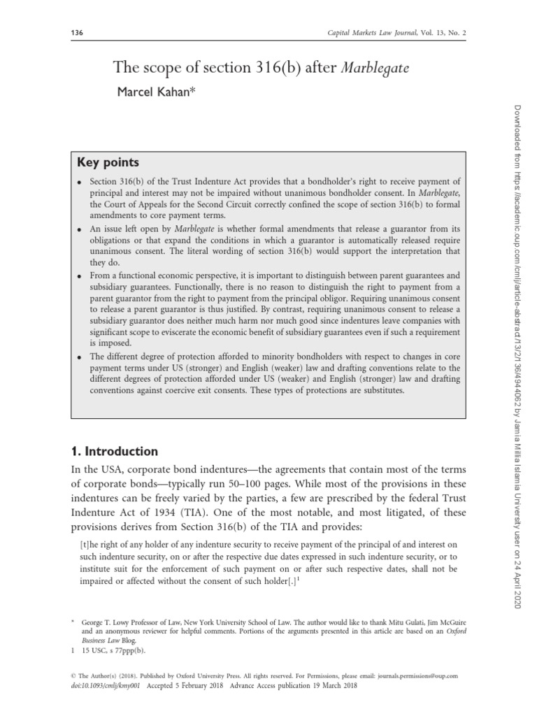 The Scope of Section 316 (B) After Marblegate: Marcel Kahan | PDF | Guarantee | Bonds (Finance)