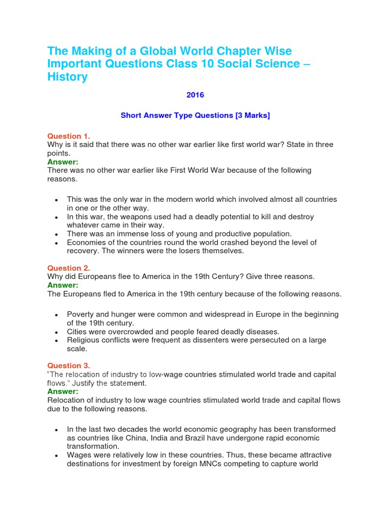 The Making of A Global World Chapter Wise Important Questions Class 10 ...