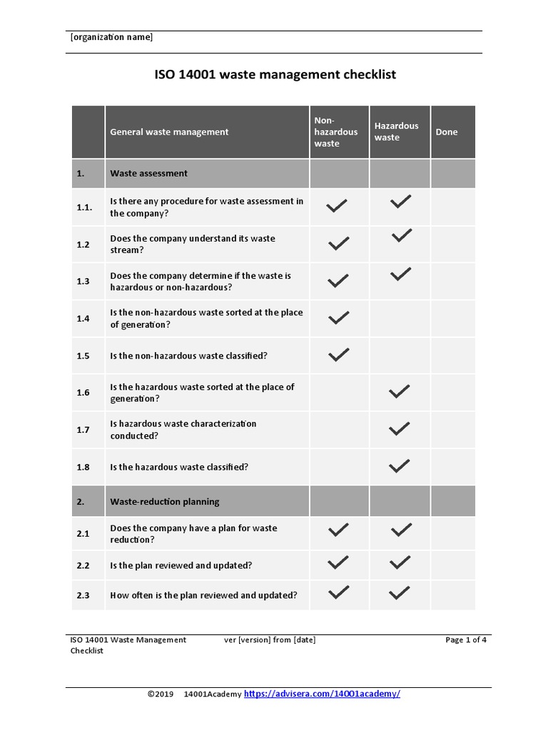 ISO 14001 Waste Management Checklist: General Waste Management Non ...