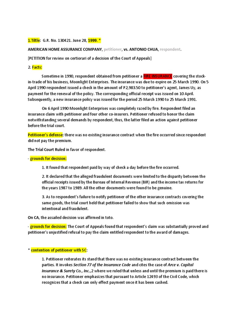 AMERICAN HOME ASSURANCE COMPANY Vs ANTONIO CHUA G.R. No. 130421. June ... AMERICAN HOME ASSURANCE COMPANY Vs ANTONIO CHUA G.R. No. 130421. June ...