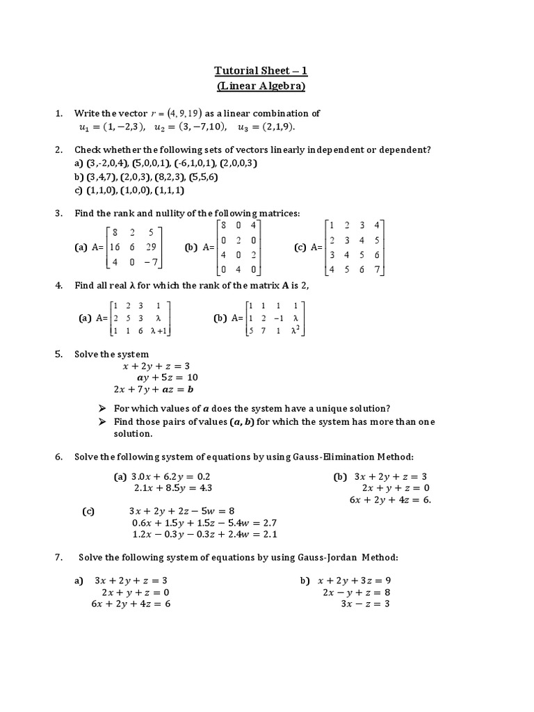 Linear Algebra Tutorial Sheet 1 | PDF | Abstract Algebra | Mathematical ...