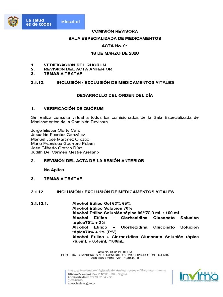 Invima - Acta 01 Marzo 2020 Alcoholes PDF | PDF | Etanol | Productos de limpieza