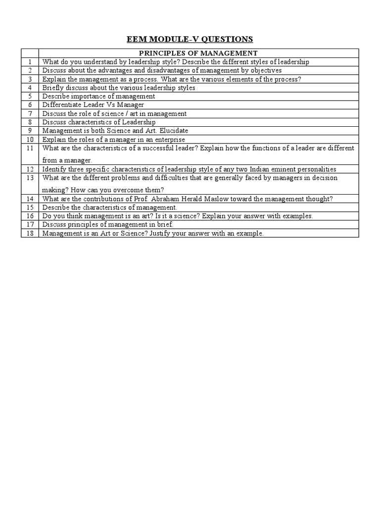 Eem Module-V Questions: Principles of Management | PDF | Science ...