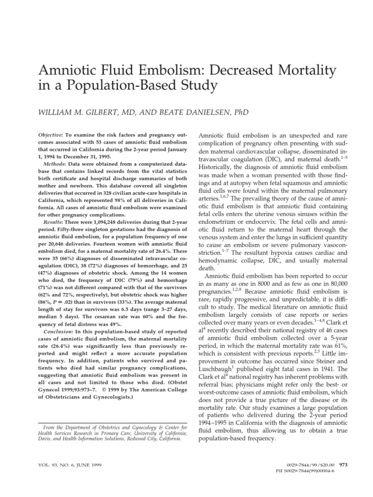 Amniotic Fluid Embolism Decreased Mortality in A.16 | PDF | Maternal ...