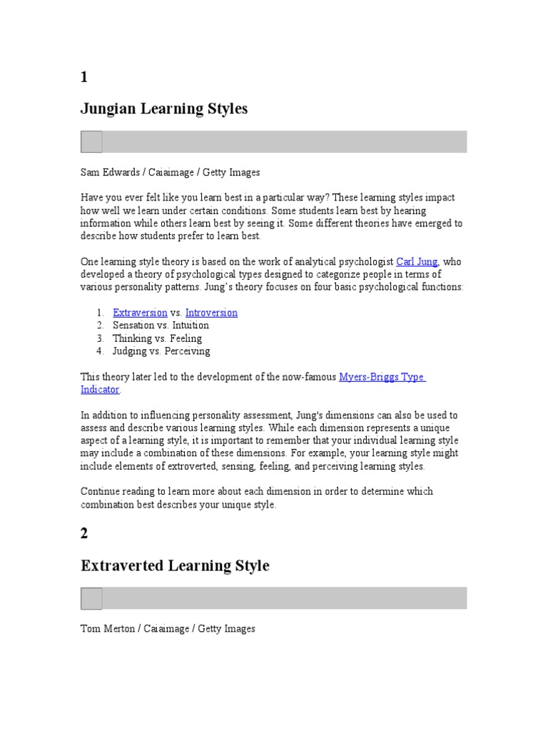 1 Jungian Learning Styles: Carl Jung | PDF | Learning Styles | Extraversion And Introversion