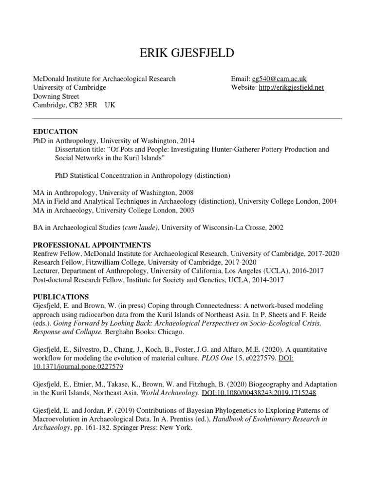 Gjesfjeld CV Mar2020 Website | PDF | Archaeology | University Of Cambridge