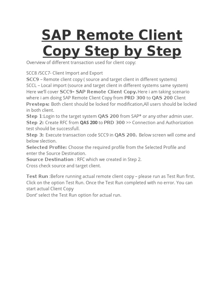 SAP Remote Client Copy Step by Step | PDF